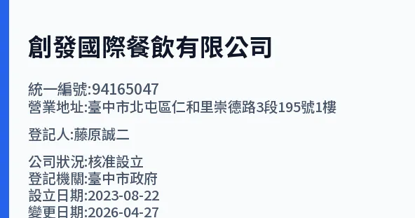 創發國際餐飲有限公司的照片-統編 94165047(臺中市) 公司登記資料與營業項目詳細圖表