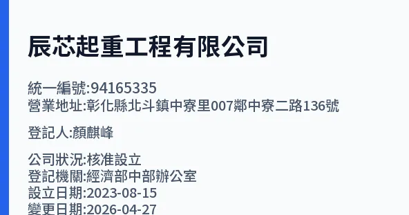 辰芯起重工程有限公司的照片-統編 94165335(彰化縣) 公司登記資料與營業項目詳細圖表