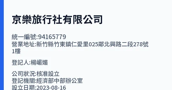 京樂旅行社有限公司的照片-統編 94165779(新竹縣) 公司登記資料與營業項目詳細圖表