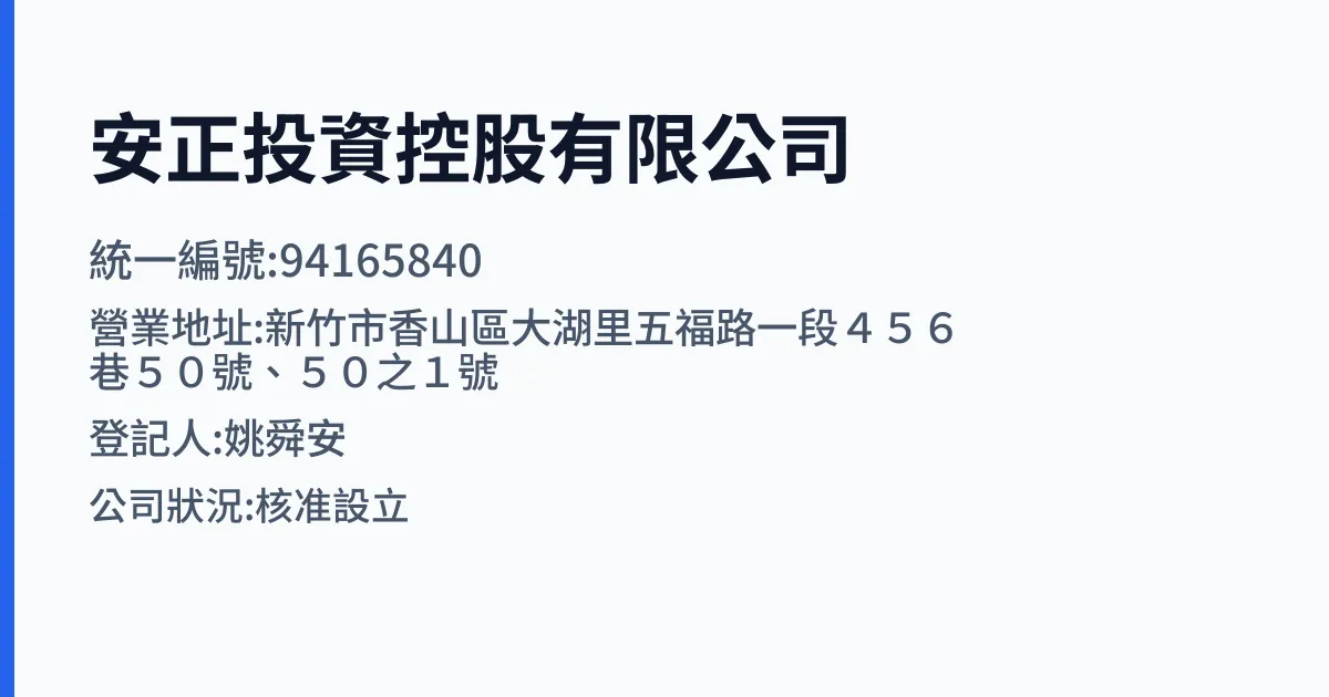 安正投資控股有限公司 - 統編 94165840（新竹市） 公司登記資料與營業項目詳細圖表