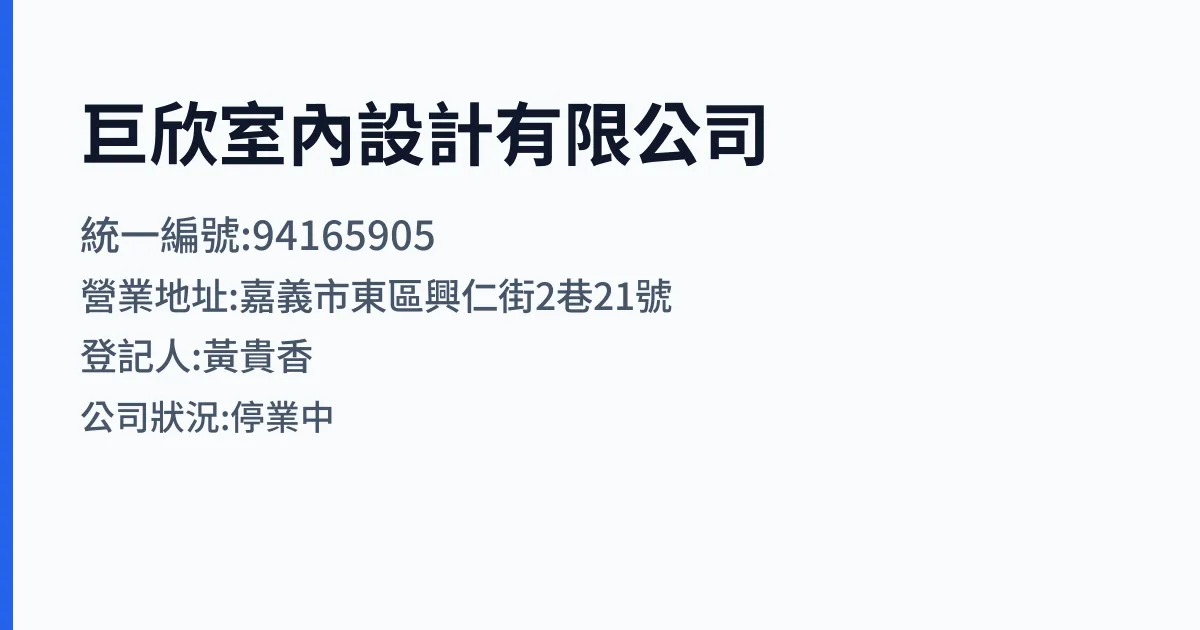 巨欣室內設計有限公司 - 統編 94165905(嘉義市) 公司登記資料與營業項目詳細圖表