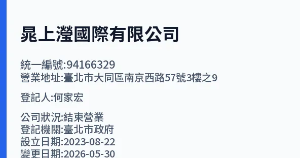 晁上瀅國際有限公司的照片-統編 94166329(臺北市) 公司登記資料與營業項目詳細圖表