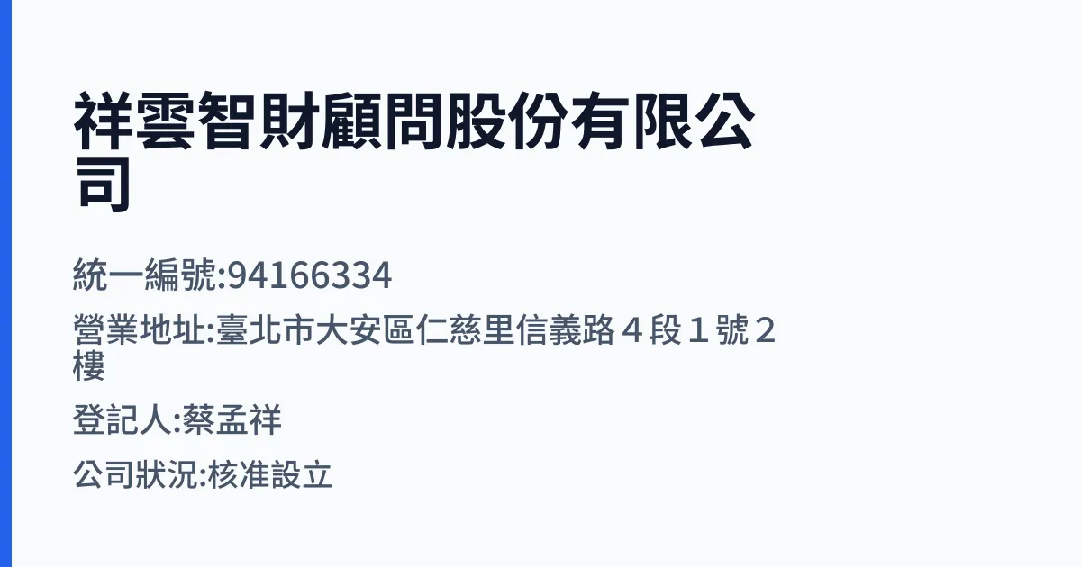 祥雲智財顧問股份有限公司 - 統編 94166334(臺北市) 公司登記資料與營業項目詳細圖表
