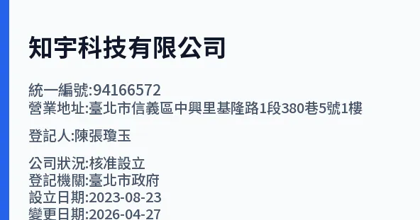 知宇科技有限公司的照片-統編 94166572(臺北市) 公司登記資料與營業項目詳細圖表