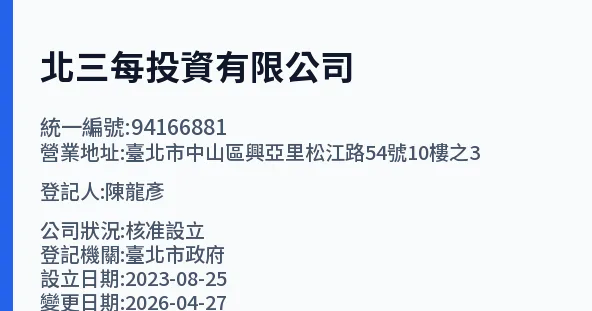北三每投資有限公司的照片-統編 94166881(臺北市) 公司登記資料與營業項目詳細圖表