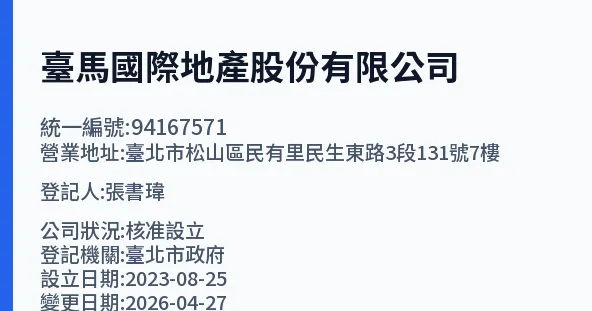 臺馬國際地產股份有限公司的照片-統編 94167571(臺北市) 公司登記資料與營業項目詳細圖表