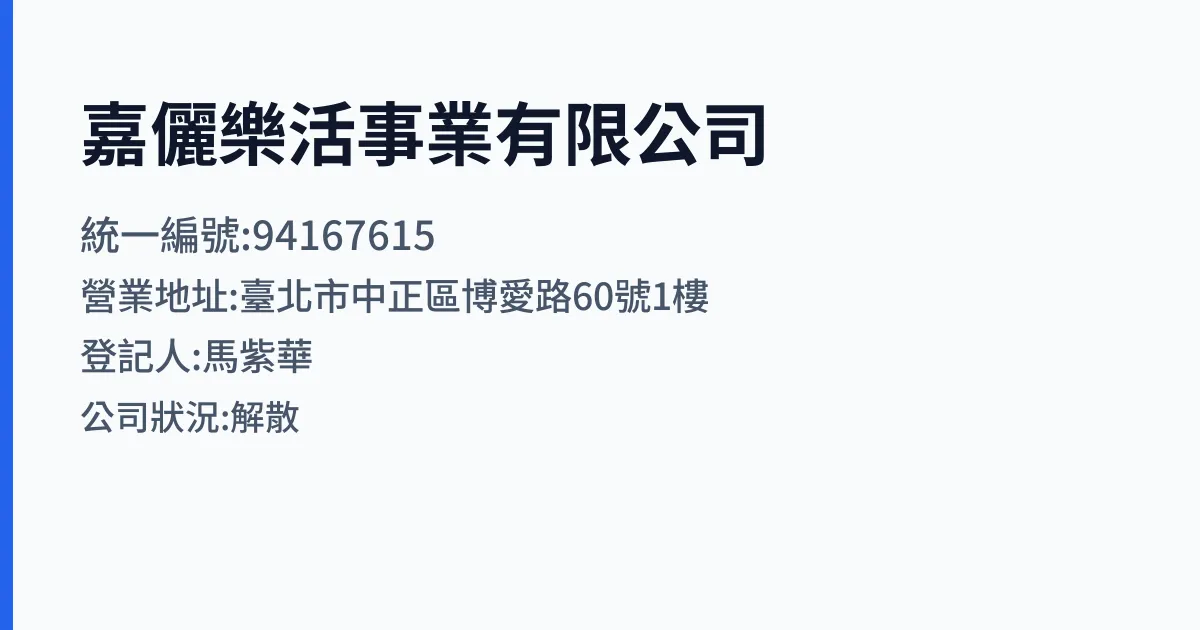 嘉儷樂活事業有限公司 - 統編 94167615(臺北市) 公司登記資料與營業項目詳細圖表