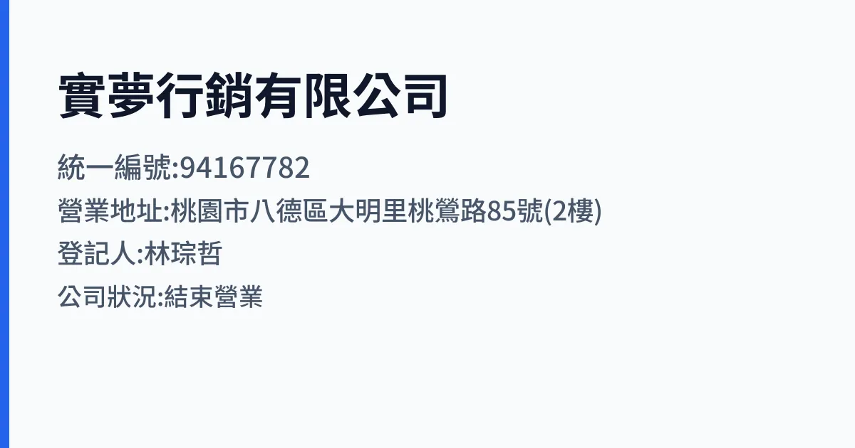 實夢行銷有限公司 - 統編 94167782(桃園市) 公司登記資料與營業項目詳細圖表