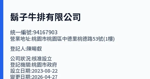 鬍子牛排有限公司的照片-統編 94167903(桃園市) 公司登記資料與營業項目詳細圖表