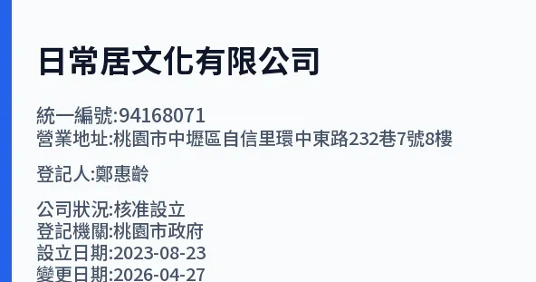 日常居文化有限公司的照片-統編 94168071(桃園市) 公司登記資料與營業項目詳細圖表
