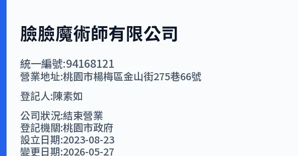 臉臉魔術師有限公司的照片-統編 94168121(桃園市) 公司登記資料與營業項目詳細圖表