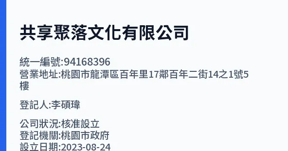 共享聚落文化有限公司的照片-統編 94168396(桃園市) 公司登記資料與營業項目詳細圖表