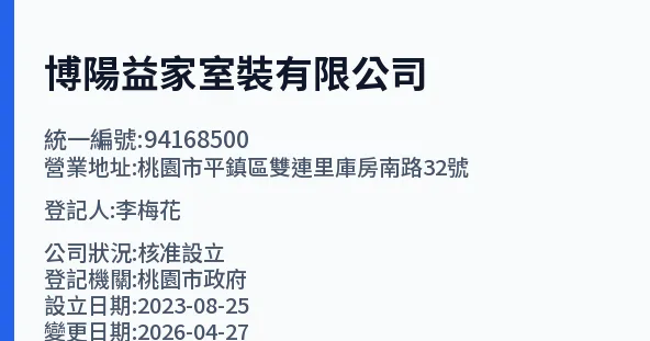 博陽益家室裝有限公司的照片-統編 94168500(桃園市) 公司登記資料與營業項目詳細圖表
