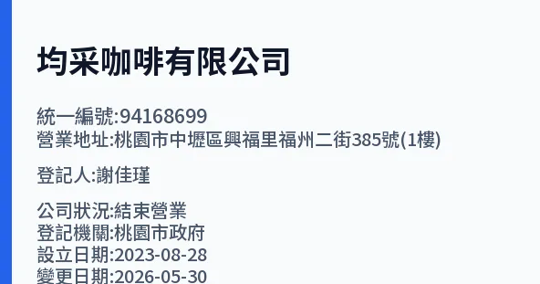 均采咖啡有限公司的照片-統編 94168699(桃園市) 公司登記資料與營業項目詳細圖表