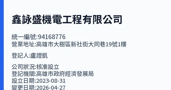 鑫詠盛機電工程有限公司的照片-統編 94168776(高雄市) 公司登記資料與營業項目詳細圖表