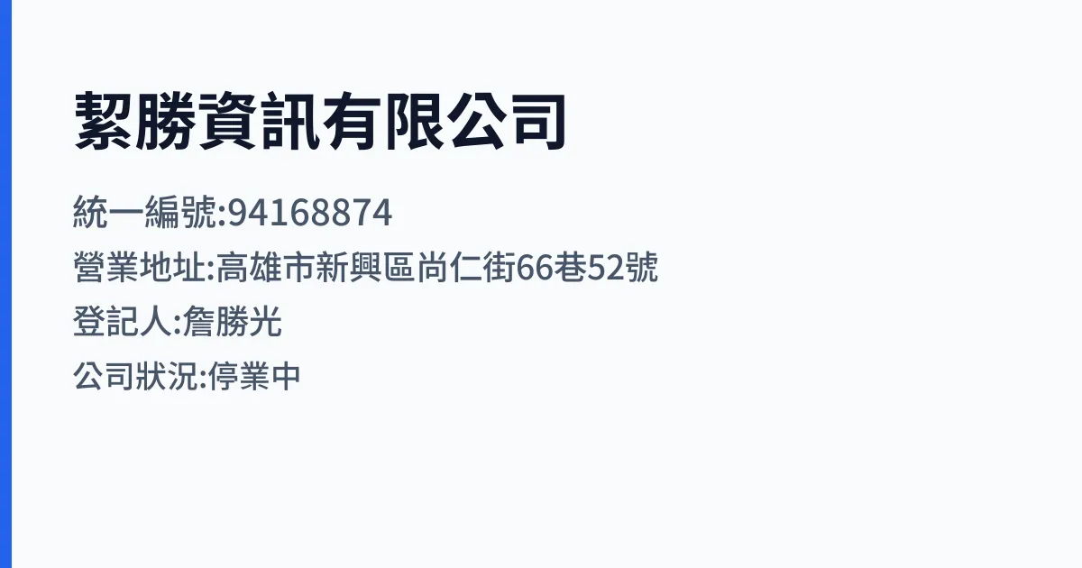 絜勝資訊有限公司 - 統編 94168874(高雄市) 公司登記資料與營業項目詳細圖表