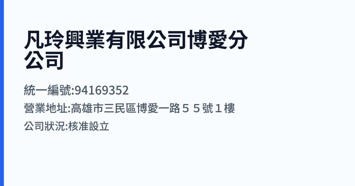 凡玲興業有限公司博愛分公司 - 統編 94169352(高雄市) 公司登記資料與營業項目詳細圖表