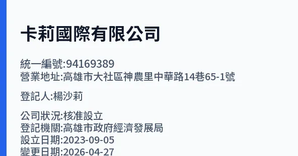 卡莉國際有限公司的照片-統編 94169389(高雄市) 公司登記資料與營業項目詳細圖表