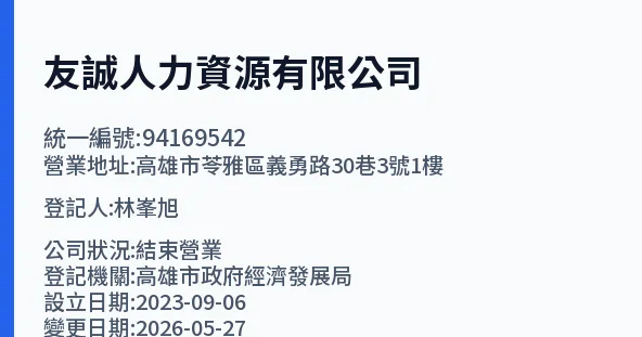 友誠人力資源有限公司的照片-統編 94169542(高雄市) 公司登記資料與營業項目詳細圖表