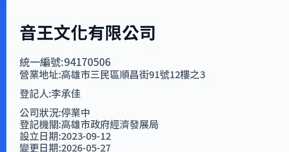 音王文化有限公司的照片-統編 94170506(高雄市) 公司登記資料與營業項目詳細圖表