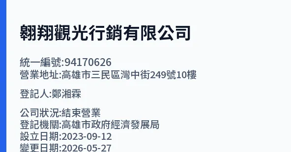 翱翔觀光行銷有限公司的照片-統編 94170626(高雄市) 公司登記資料與營業項目詳細圖表