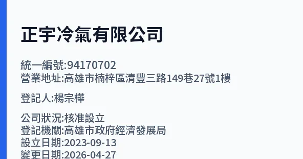 正宇冷氣有限公司的照片-統編 94170702(高雄市) 公司登記資料與營業項目詳細圖表