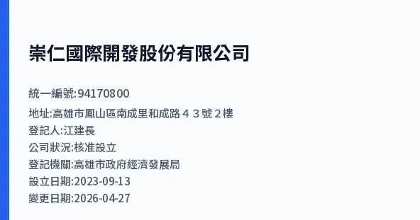 崇仁國際開發股份有限公司的照片-統編 94170800(高雄市) 公司登記資料與營業項目詳細圖表