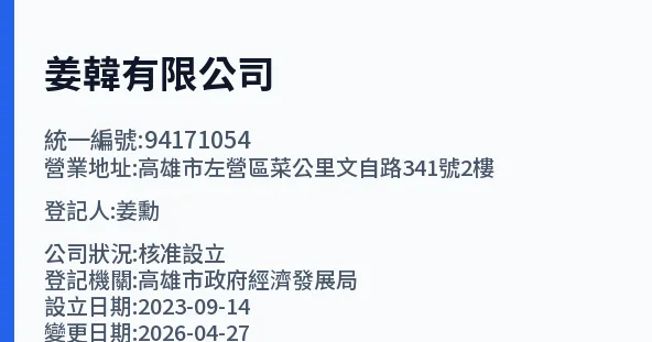 姜韓有限公司的照片-統編 94171054(高雄市) 公司登記資料與營業項目詳細圖表