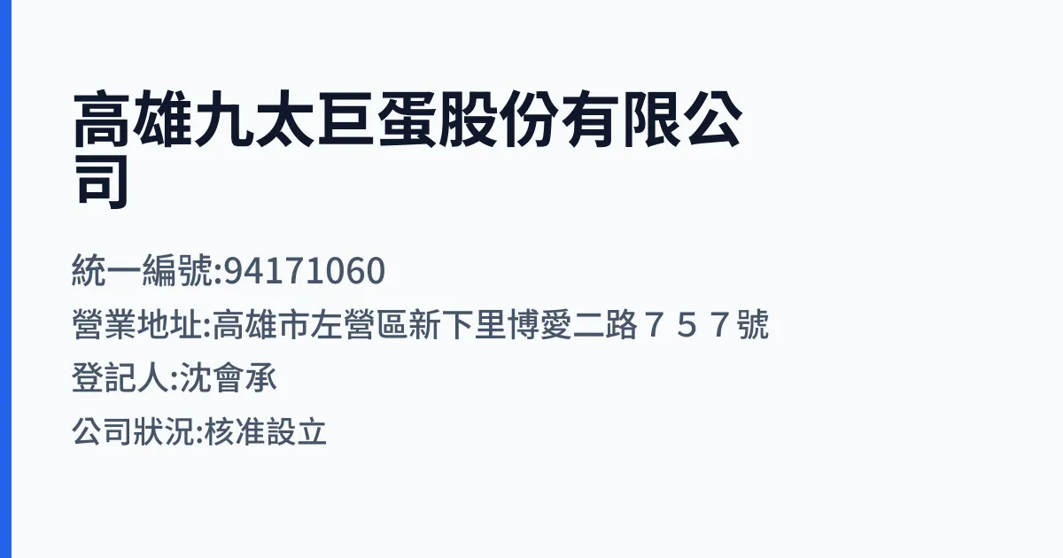 高雄九太巨蛋股份有限公司 - 統編 94171060(高雄市) 公司登記資料與營業項目詳細圖表