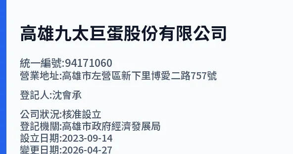 高雄九太巨蛋股份有限公司的照片-統編 94171060(高雄市) 公司登記資料與營業項目詳細圖表