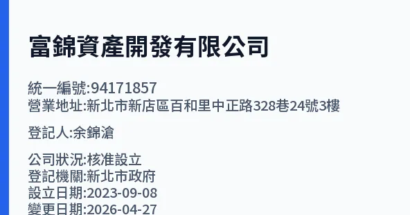 富錦資產開發有限公司的照片-統編 94171857(新北市) 公司登記資料與營業項目詳細圖表