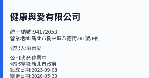 健康與愛有限公司的照片-統編 94172053(新北市) 公司登記資料與營業項目詳細圖表