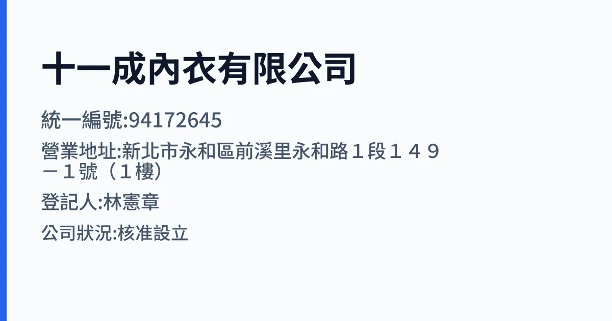 十一成內衣有限公司 - 統編 94172645(新北市) 公司登記資料與營業項目詳細圖表