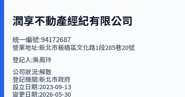潤享不動產經紀有限公司的照片-統編 94172687(新北市) 公司登記資料與營業項目詳細圖表