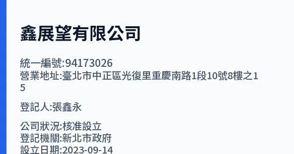 鑫展望有限公司的照片-統編 94173026(臺北市) 公司登記資料與營業項目詳細圖表