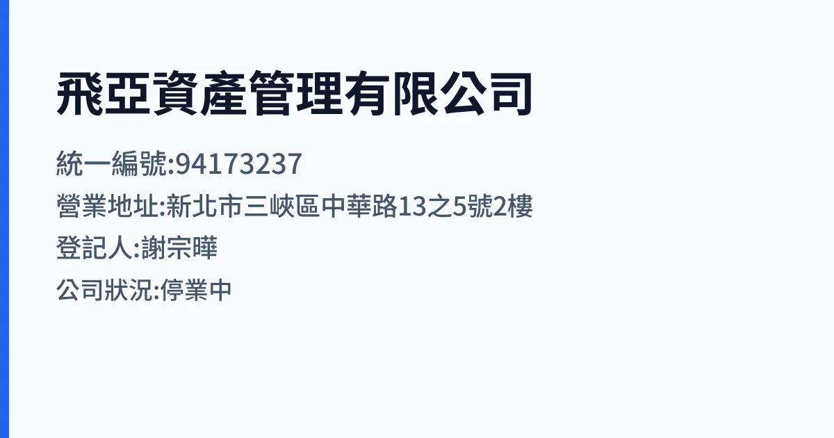 飛亞資產管理有限公司 - 統編 94173237(新北市) 公司登記資料與營業項目詳細圖表