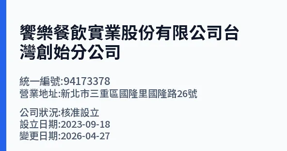 饗樂餐飲實業股份有限公司台灣創始分公司的照片-統編 94173378(新北市) 公司登記資料與營業項目詳細圖表