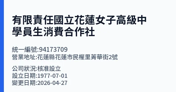 有限責任國立花蓮女子高級中學員生消費合作社的照片-統編 94173709(花蓮縣) 公司登記資料與營業項目詳細圖表