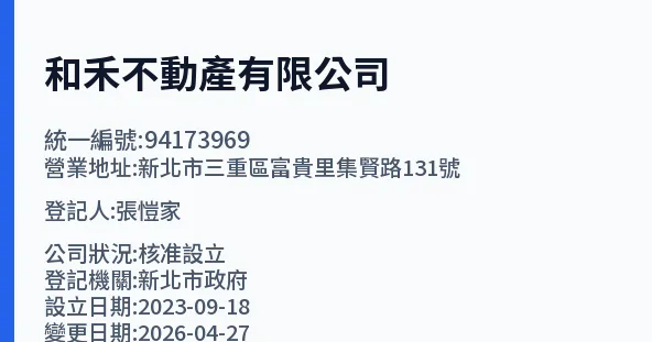 和禾不動產有限公司的照片-統編 94173969(新北市) 公司登記資料與營業項目詳細圖表