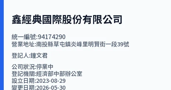 鑫經典國際股份有限公司的照片-統編 94174290(南投縣) 公司登記資料與營業項目詳細圖表