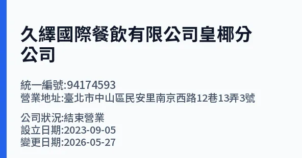 久繹國際餐飲有限公司皇椰分公司的照片-統編 94174593(臺北市) 公司登記資料與營業項目詳細圖表