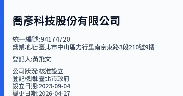 喬彥科技股份有限公司的照片-統編 94174720(臺北市) 公司登記資料與營業項目詳細圖表
