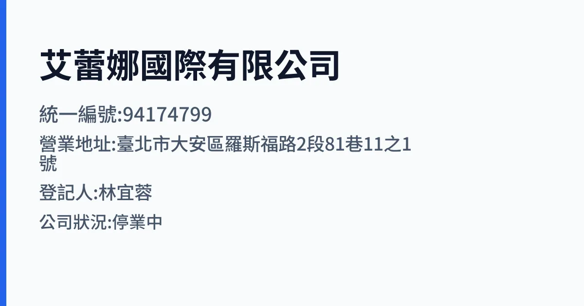 艾蕾娜國際有限公司 - 統編 94174799(臺北市) 公司登記資料與營業項目詳細圖表