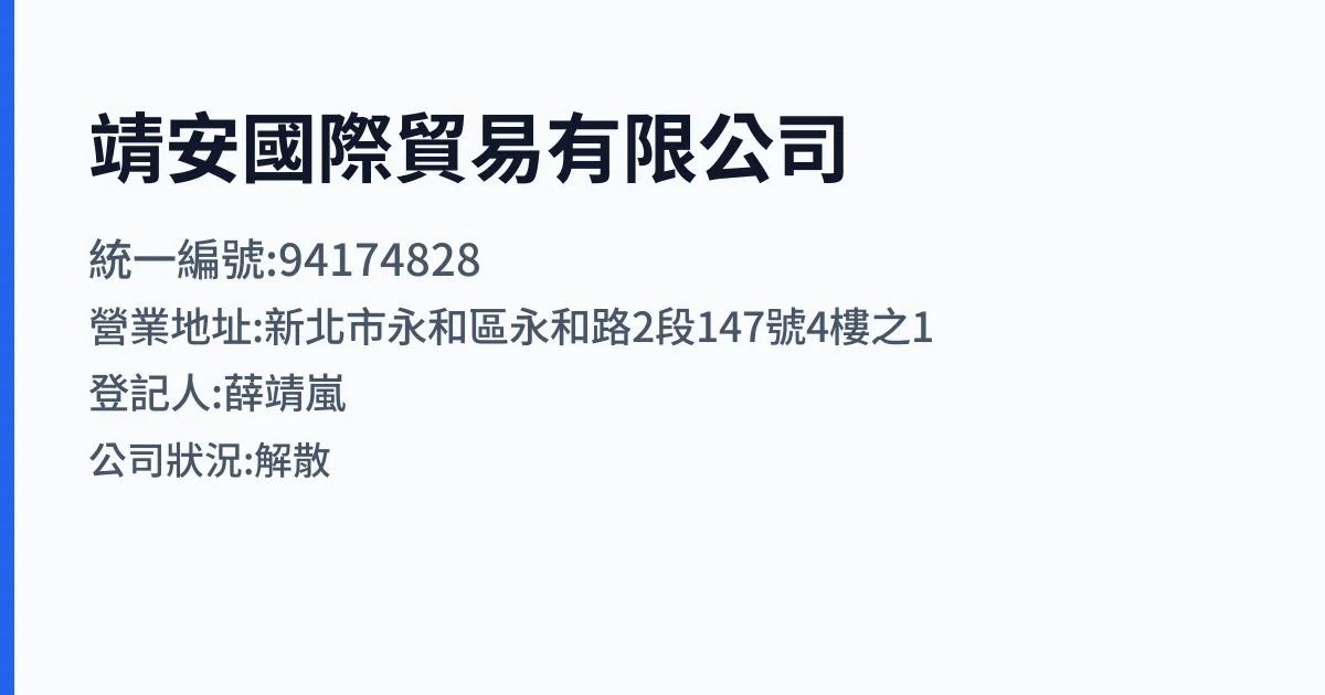 靖安國際貿易有限公司 - 統編 94174828(新北市) 公司登記資料與營業項目詳細圖表