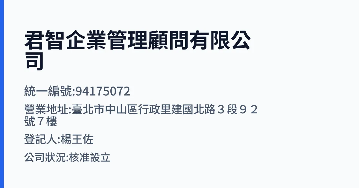 君智企業管理顧問有限公司 - 統編 94175072(臺北市) 公司登記資料與營業項目詳細圖表