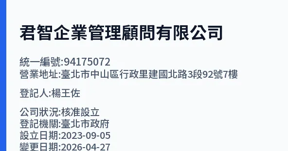 君智企業管理顧問有限公司的照片-統編 94175072(臺北市) 公司登記資料與營業項目詳細圖表