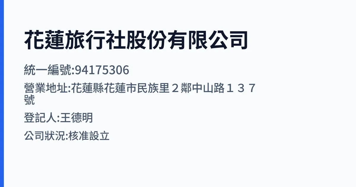 花蓮旅行社股份有限公司 - 統編 94175306(花蓮縣) 公司登記資料與營業項目詳細圖表