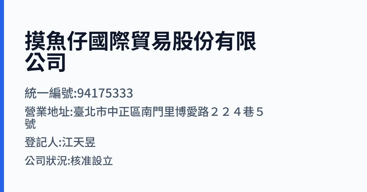 摸魚仔國際貿易股份有限公司 - 統編 94175333(臺北市) 公司登記資料與營業項目詳細圖表