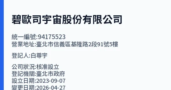 碧歐司宇宙股份有限公司的照片-統編 94175523(臺北市) 公司登記資料與營業項目詳細圖表