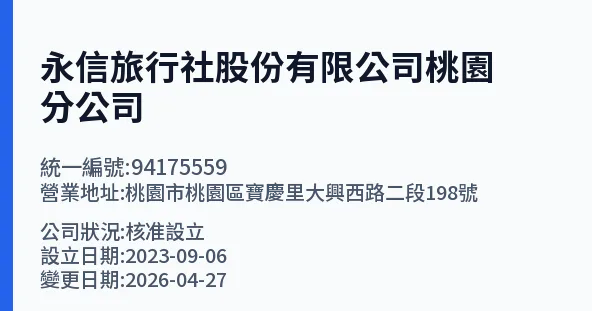 永信旅行社股份有限公司桃園分公司的照片-統編 94175559(桃園市) 公司登記資料與營業項目詳細圖表